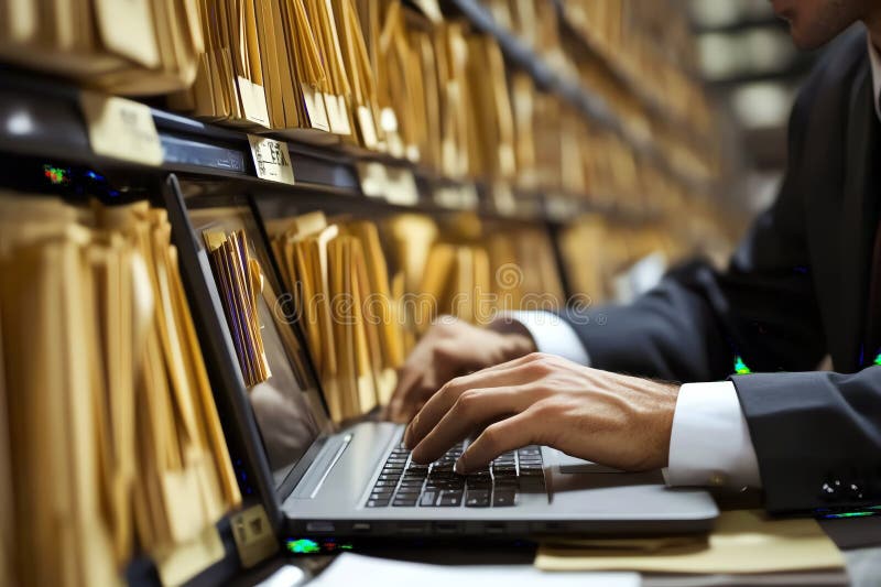 Professional Typing on Laptop Surrounded by Organized Files in an ...