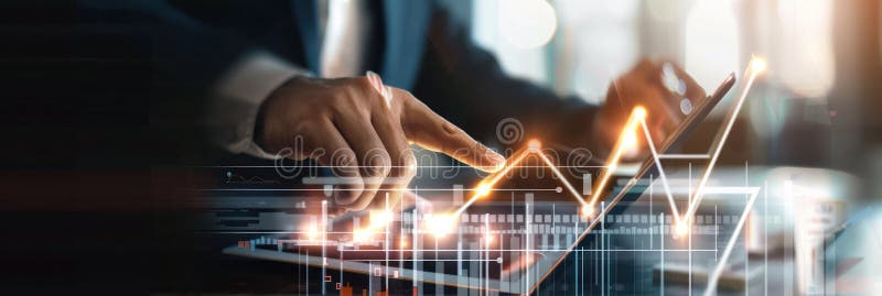 A Professional Using Futuristic Technology with Data and Graphs Overlay ...