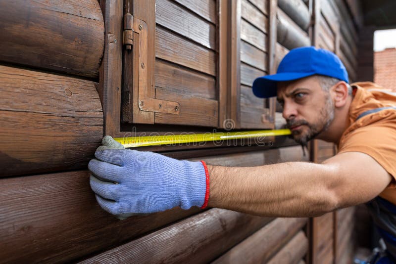 Professional Using Measure Tape for Window Shutter Replacement on ...