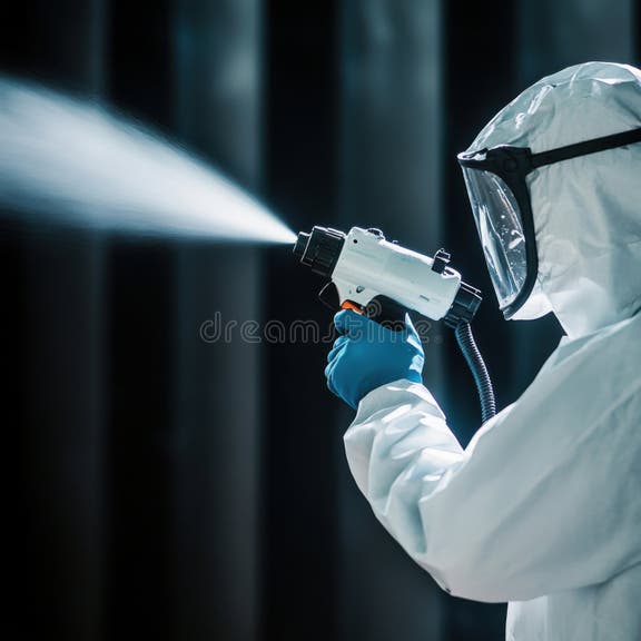 Professional Using a Paint Sprayer in a Protective Suit Indoors for ...
