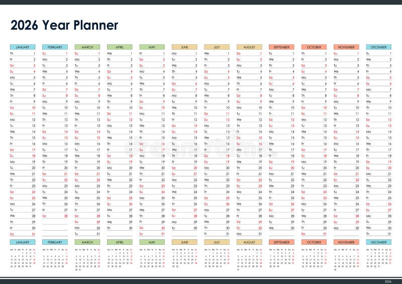 Professional Vector Year Planner Calendar Template Stock Illustrations ...