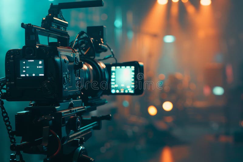 Professional Video Camera Against Multicolored Lights Backdrop Stock ...