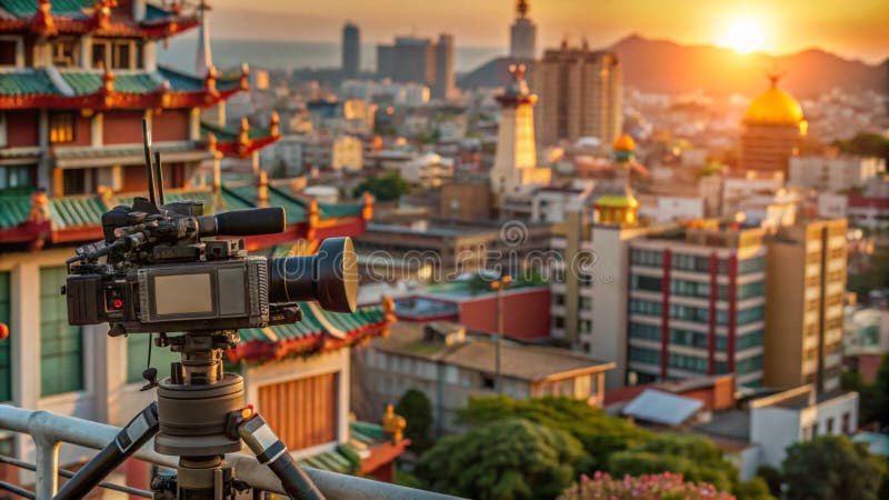 A Professional Video Camera Captures a City Skyline at Sunset Stock Illustration - Illustration ...