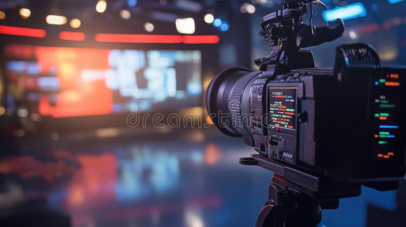 Professional Video Camera Captures News Broadcast Studio with Vibrant ...
