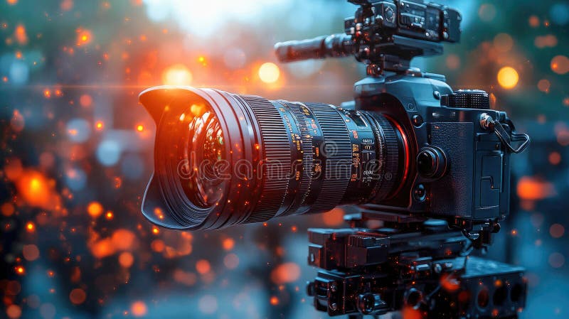 A Professional Video Camera Covered in Moisture with Orange Lights ...