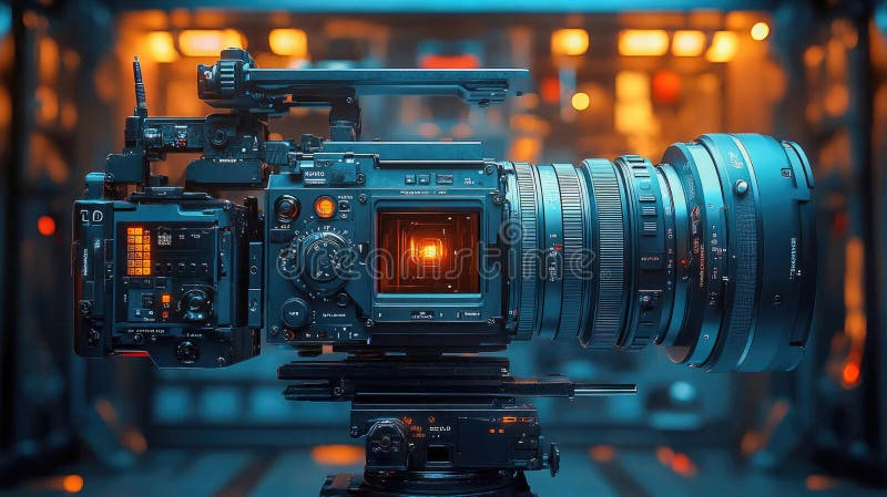 A Professional Video Camera Covered in Moisture with Orange Lights ...