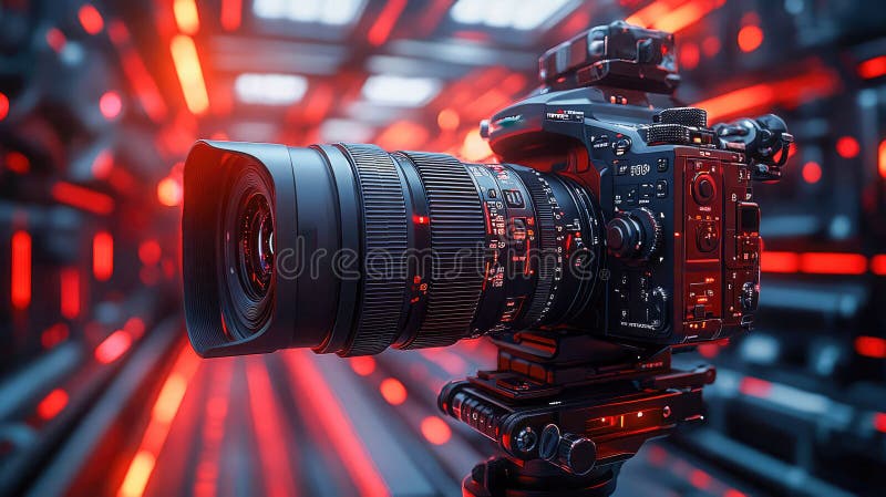 A Professional Video Camera Covered in Moisture with Orange Lights ...