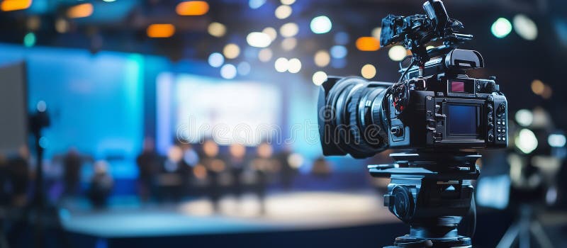 A Professional Video Camera in Focus, Against a Studio Background with ...