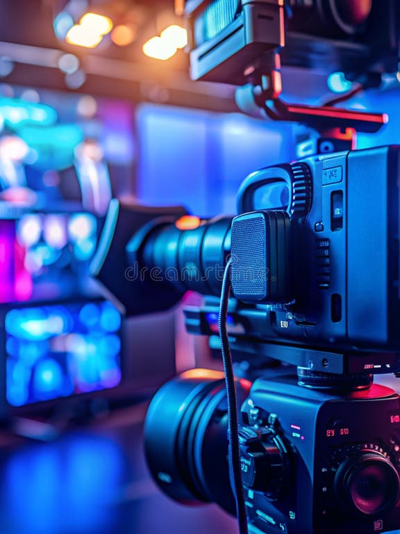 A Professional Video Camera with a Large Lens, Microphone, and Control ...