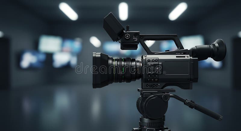 Professional Video Camera Set Up in a Dimly Lit Studio. the Camera ...