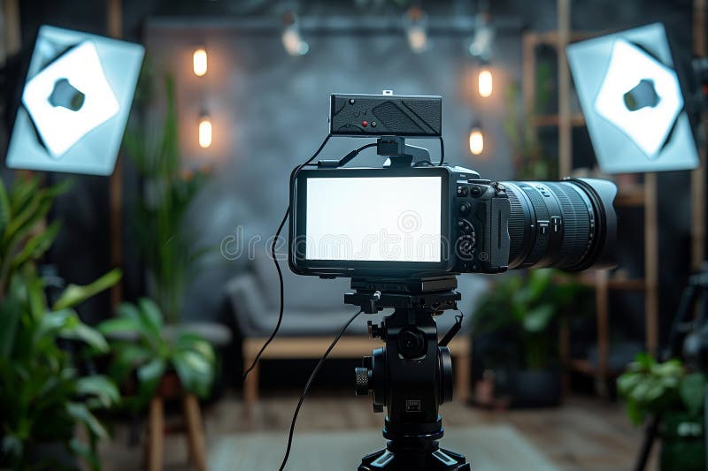 Professional Video Camera Set Up with Lights and Tripod in Studio Stock ...