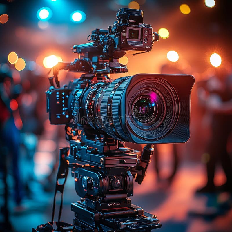 Professional Video Camera Setup at Event with Colorful Lighting and ...
