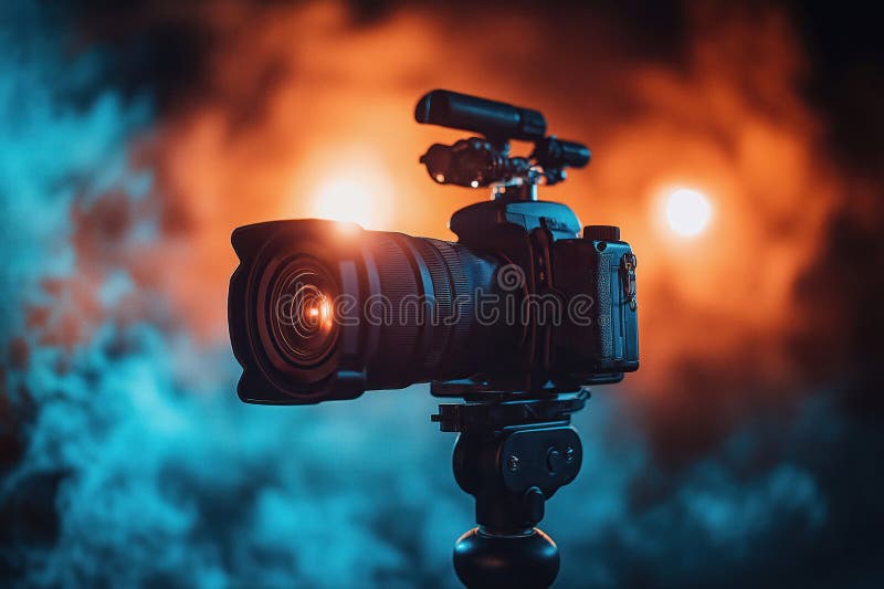 Professional Video Camera Setup. Studio Lighting with Dramatic Smoke ...