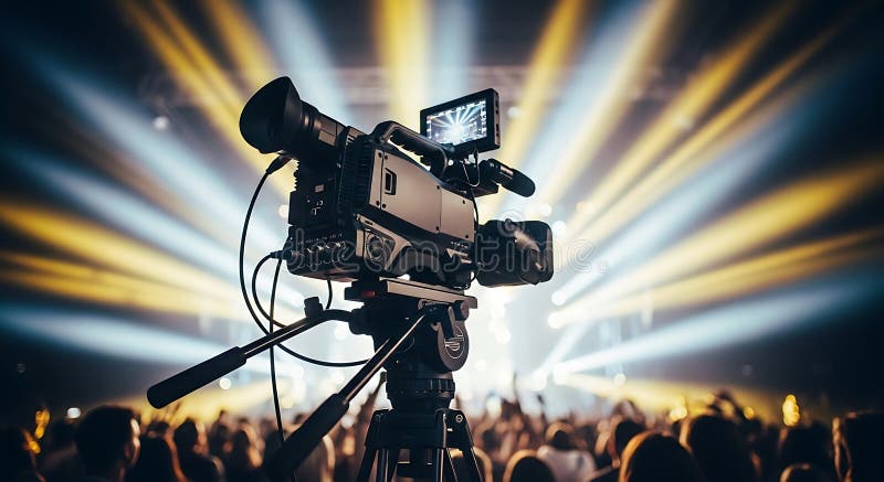 Professional Video Camera on a Tripod Capturing a Live Concert. Bright ...