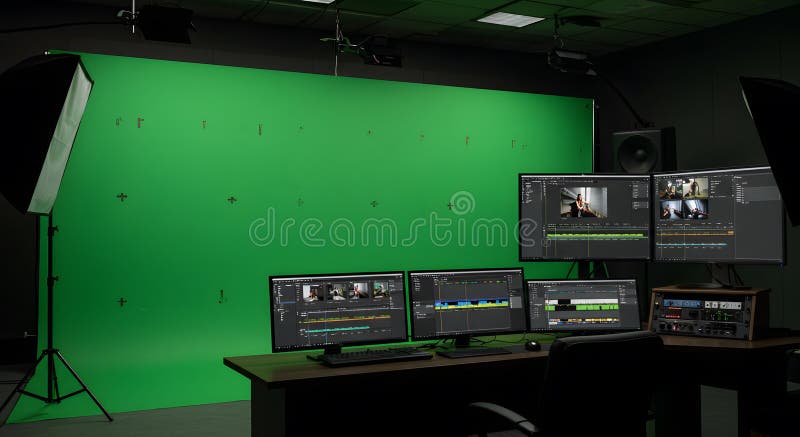 Professional Video Editing Studio Setup with Green Screen Background ...