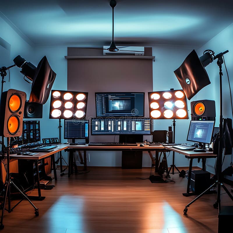 Professional Video Editing Studio Setup with Multiple Monitors and ...