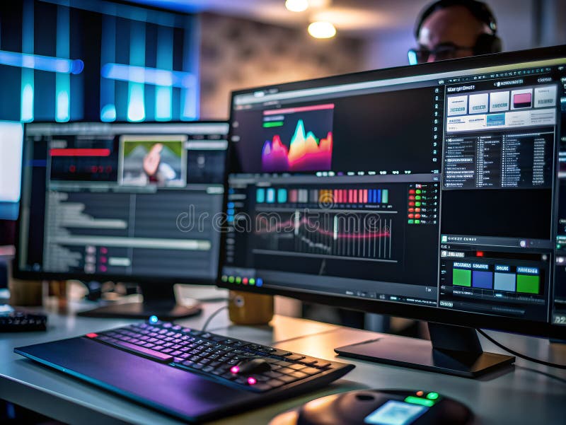 Professional Video Editing Workstation with Multiple Monitors Stock ...