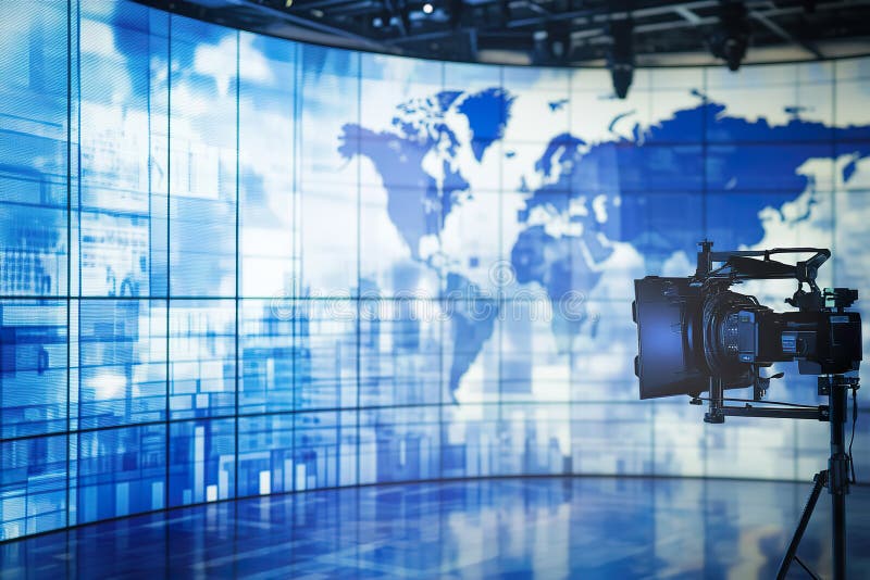 Professional Video Studio with Camera and World Map Background Stock ...