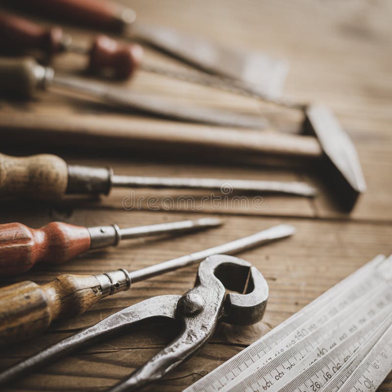Professional Vintage Carpentry Tools on a Wooden Table Stock Image ...