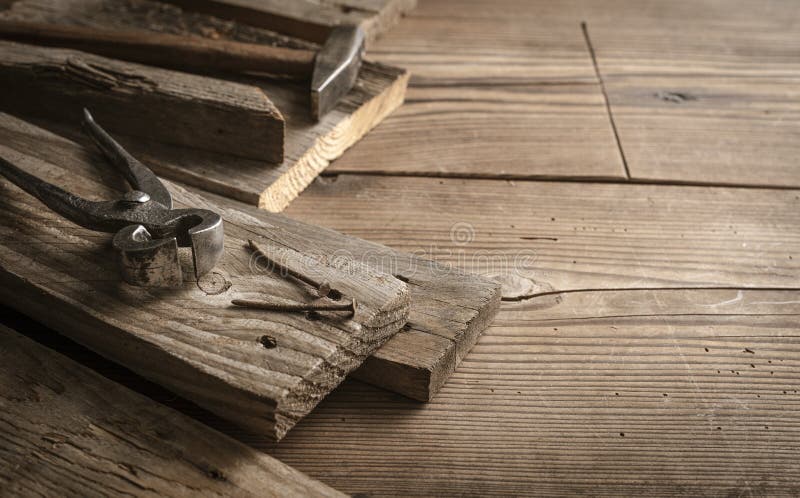 Professional Vintage Carpentry Tools on a Wooden Table Stock Photo ...