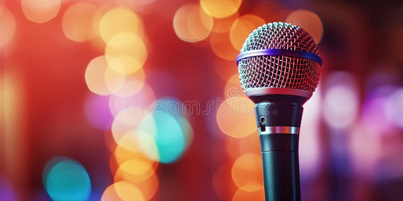 Professional Vocal Microphone on Stage with a Bokeh Backdrop of Concert ...