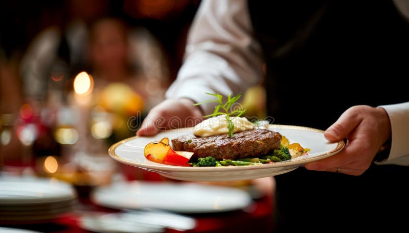 Professional Waiter Serving Meat Dishes at Upscale Event, Enhancing ...