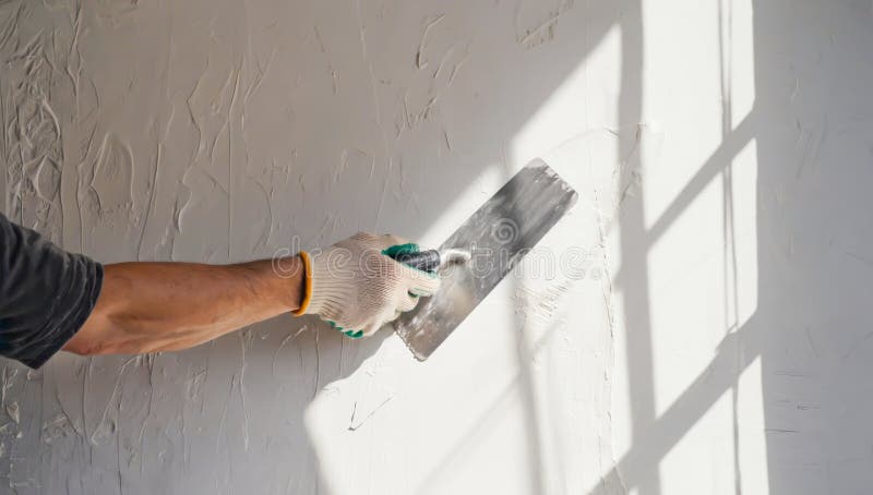 Professional Wall Plastering Process with Worker Smoothing White ...