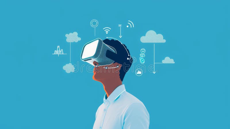 Professional in VR Headset with Infographic Icons Stock Illustration ...