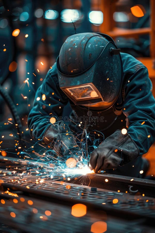 Professional Welder Concentrated on Welding with Vibrant Sparks Flying ...