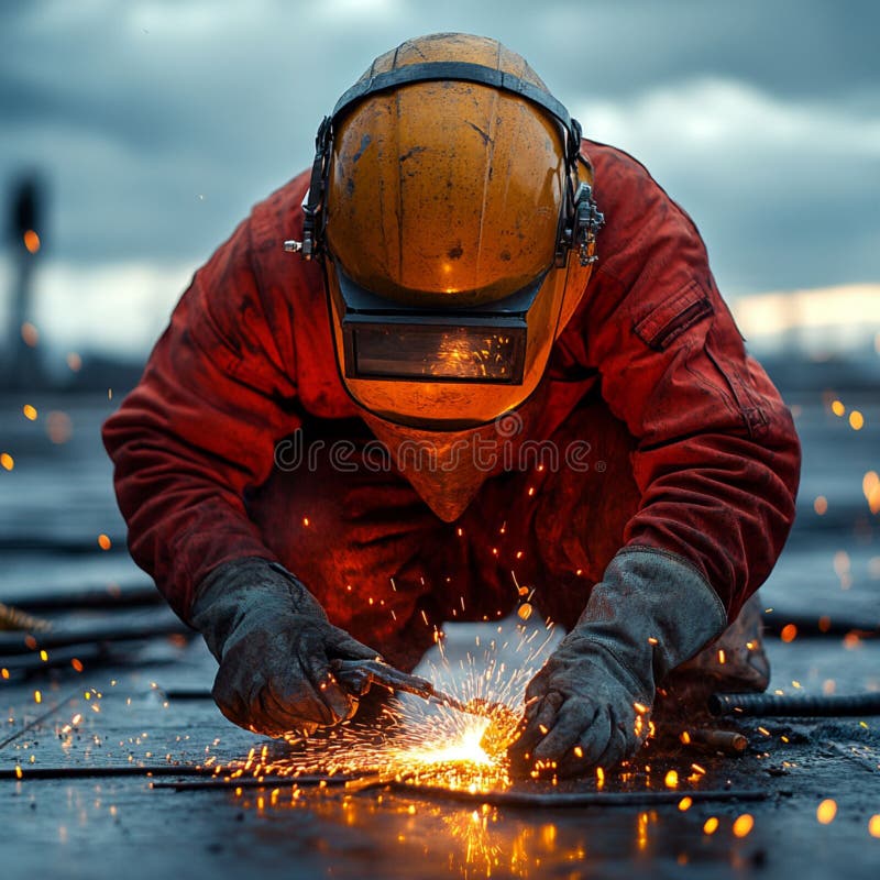 Professional Welder Kneeling with Full PPE Safe Welding Practices Stock ...