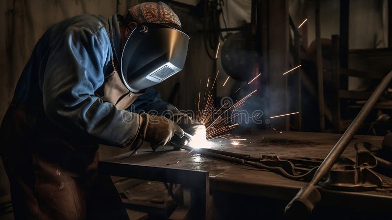 A Professional Welder in a Protective Uniform and a Metal Pipe Welding ...