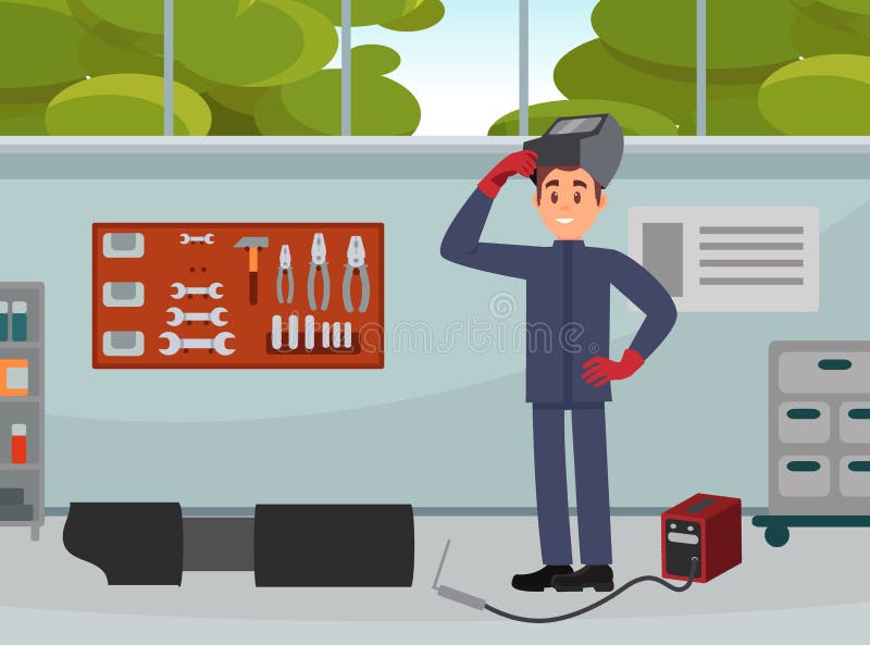 Professional Welder at Work. Worker with Protective Mask and Gloves ...