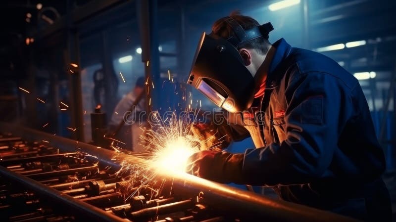 Professional Welder Working on Medium Sized Pipe with Blue Light, Close ...