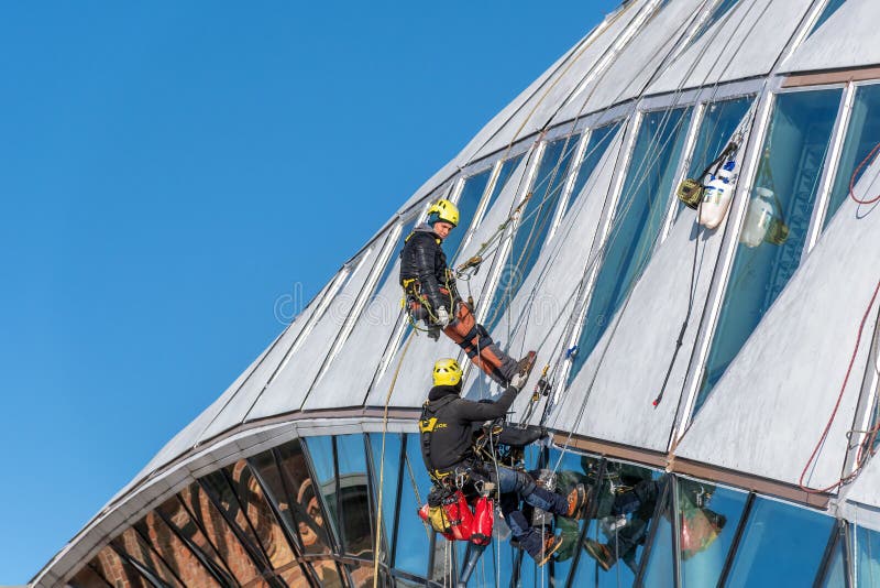 Professional Window Cleaners Hanging on Side of Modern Building Against ...