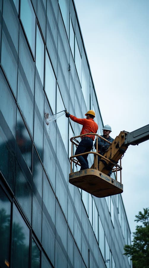 Professional Window Cleaners Working on Building Exterior with Lift ...