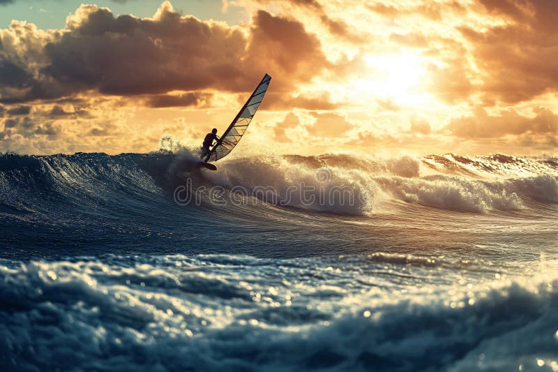 Professional Windsurfer Surfing a Big Wave at Sunset Time Stock Photo ...