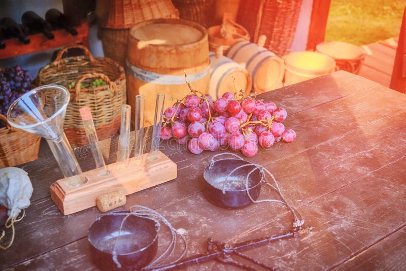 Professional Winemaking, Table with Grapes and Flasks for Sampling ...