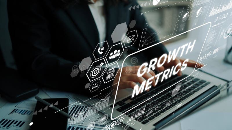 Professional Woman Analyzing Data on Laptop with Growth Metrics Visualization Overlay in Modern ...