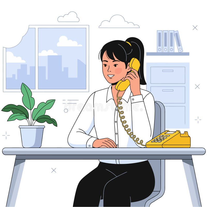 Professional Woman Answering Landline Phone in Office Stock Vector ...