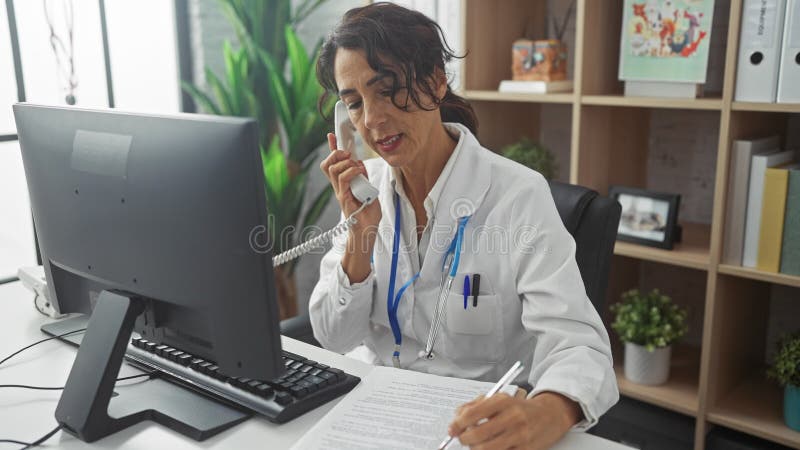 A Professional Woman Doctor in a White Coat Working and Multitasking in ...