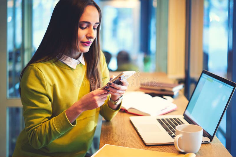 Professional Woman Journalist Using Laptop Computer with Mock Up Screen ...
