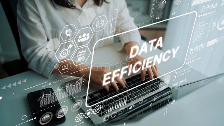 Professional Woman Using Laptop with Digital Data Efficiency Graphics ...