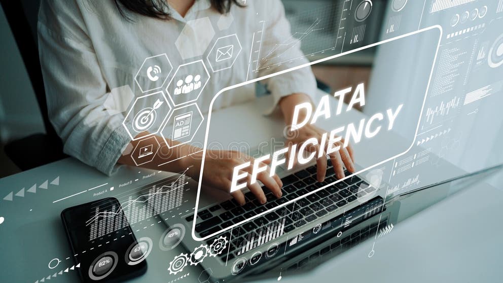 Professional Woman Using Laptop with Digital Data Efficiency Graphics ...