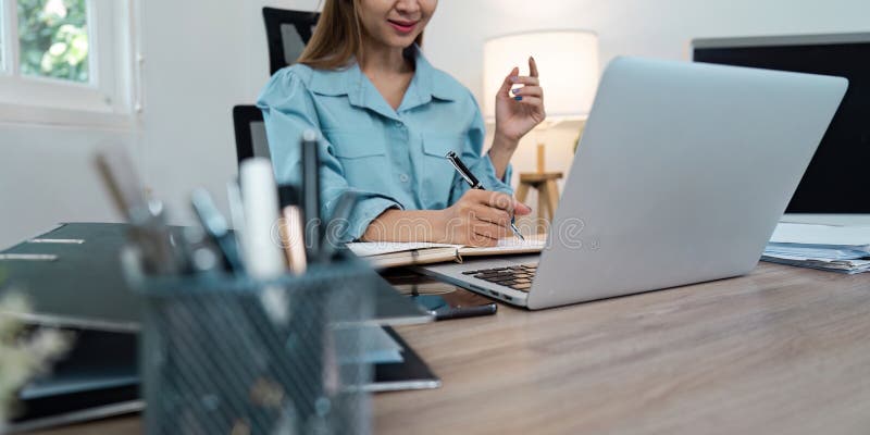 Professional Woman Working from Home on Laptop in Modern Home Office ...