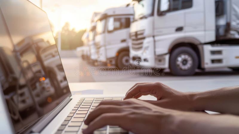 Professional at Work: Close-up of Hands Typing on a Laptop with Trucks ...