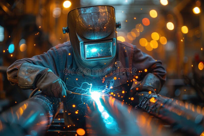 Welder with Pipe on Blue Light Background Stock Photo - Image of master ...