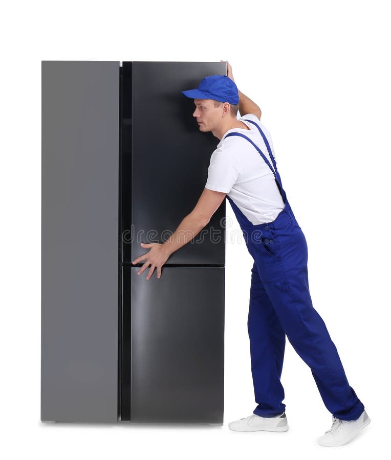 Professional Worker Carrying Refrigerator on White Stock Image - Image ...