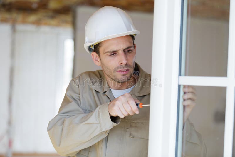 Professional Worker Man Fixing Window Stock Image - Image of cabling ...