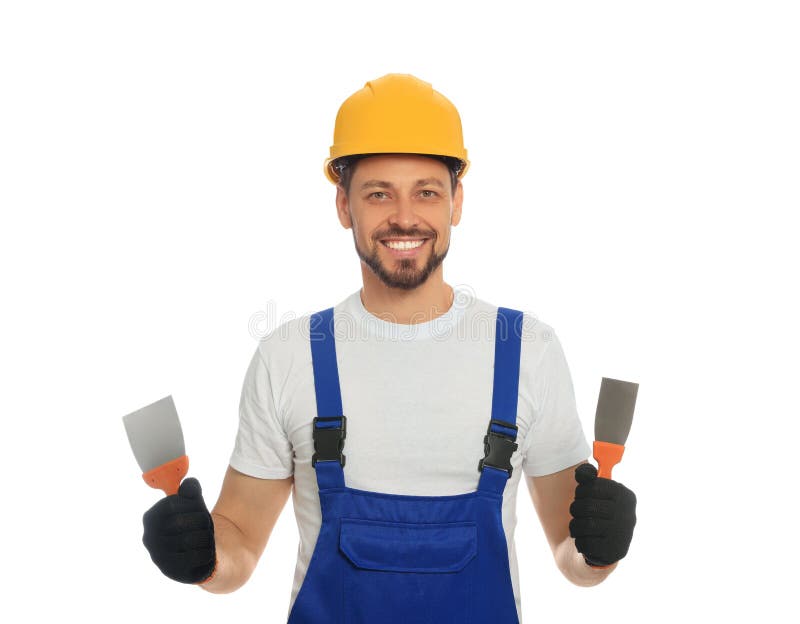 Professional Worker with Putty Knives in Hard Hat on White Background ...