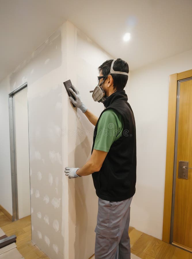 Professional Worker Sanding Plasterboard Wall by Hand, Wearing Dust ...